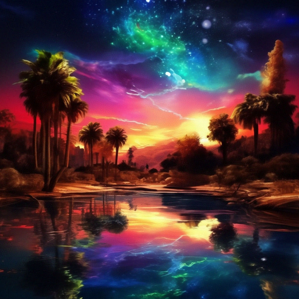 Oasis, night, the light of millions of stars, the colorful intertwining of colors and ...