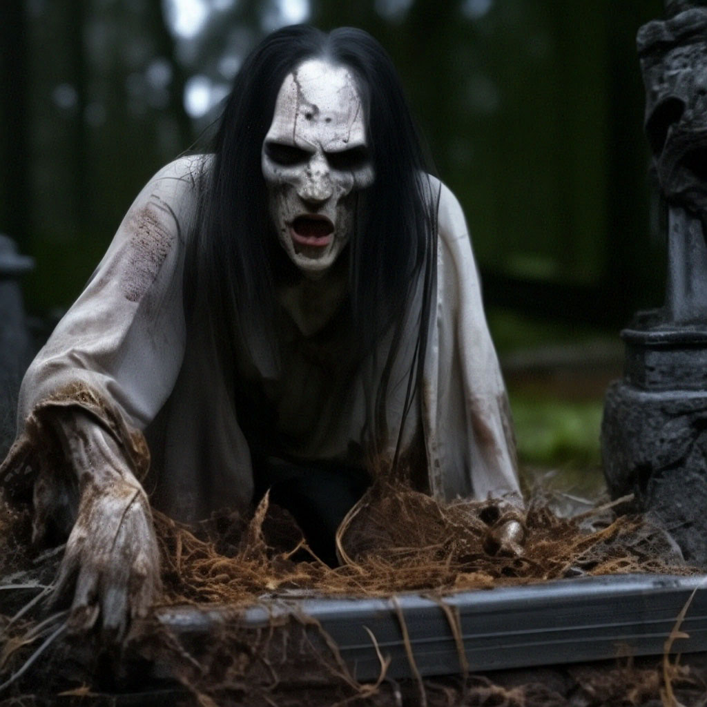 "Rotting zombie,freak, white face,white eyes, black dirty hair ...