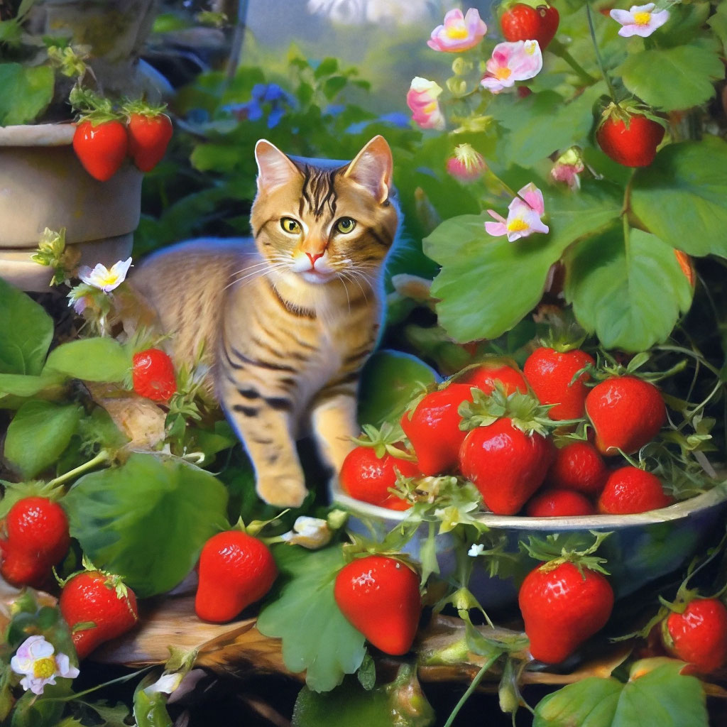 "Garden,strawberries,,cat,hunting,mice, beautiful" — image created in ...
