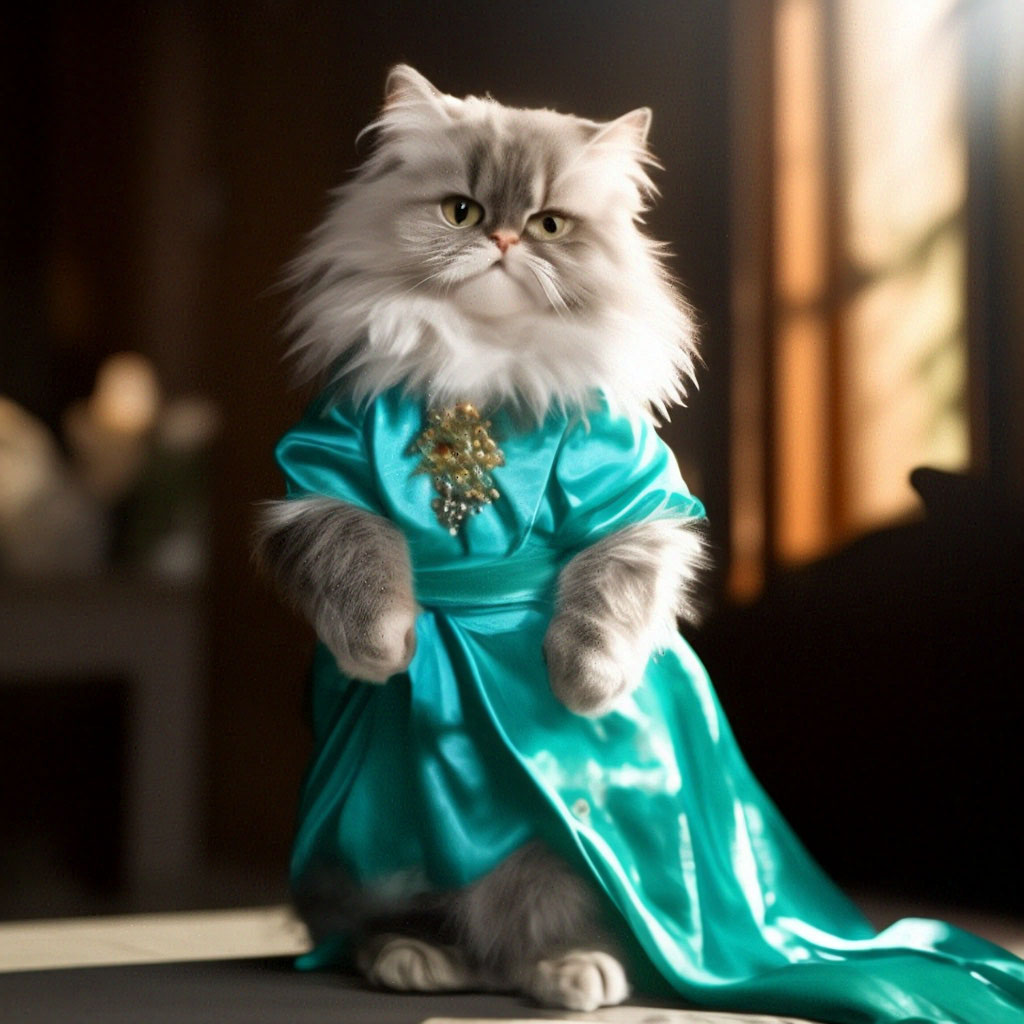 "🍎 A Persian cat in a silk turquoise dress stands on its hind legs in ...