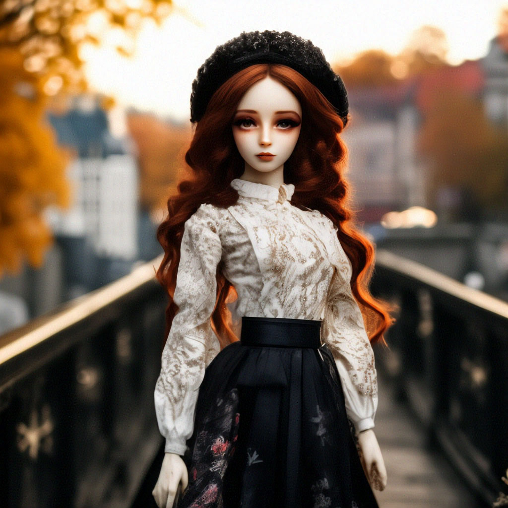 "A beautiful bjd doll, in fashionable clothes from Dior, stands on the ...