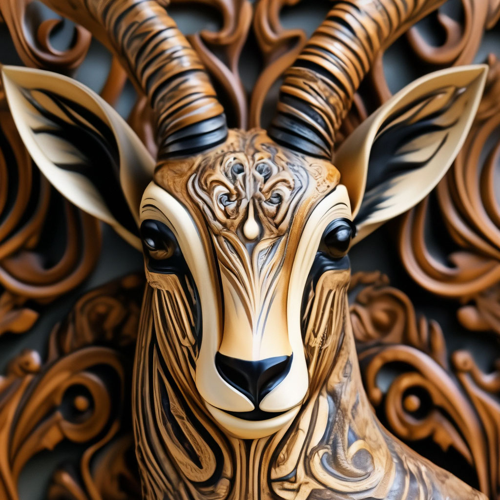 "Antelope in patterns comes out of a carved wooden panel, aesthetically ...