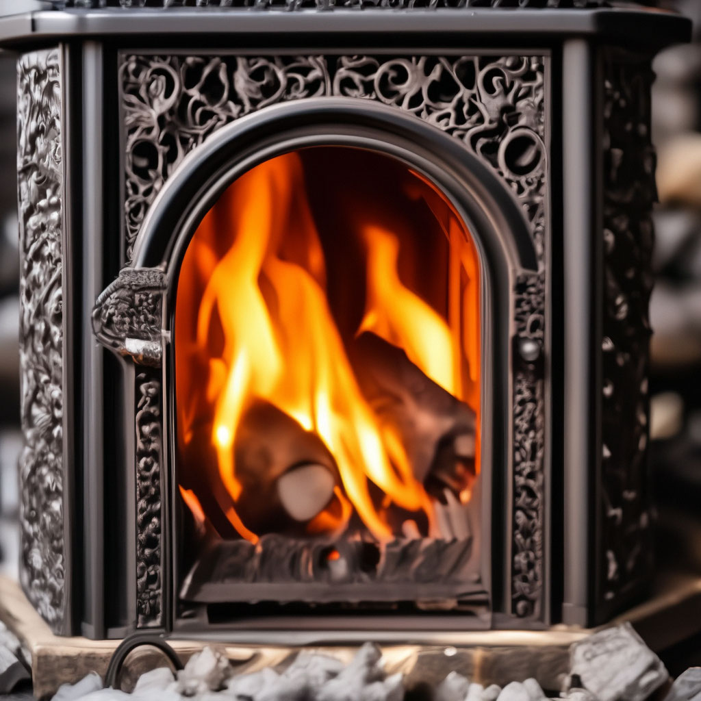 "Raw foto. a fire is beating in a small stove. filigree drawing ...