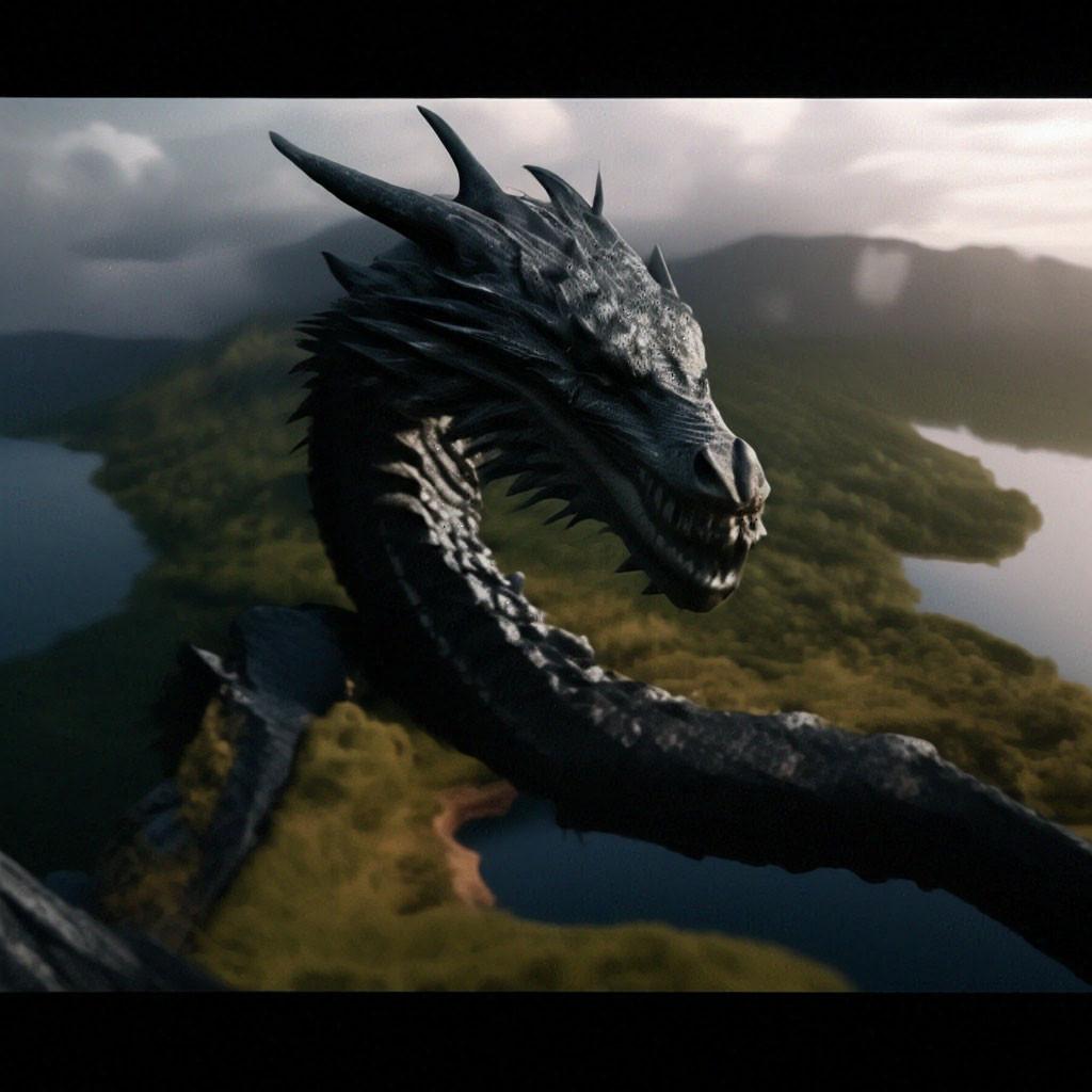 "Dragon photorealist landscape top view with frame cinematic black ...