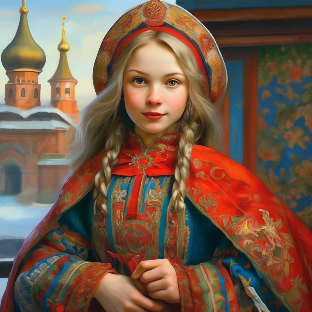 "Krasna is a girl in an old Russian outfit" — image created in Shedevrum