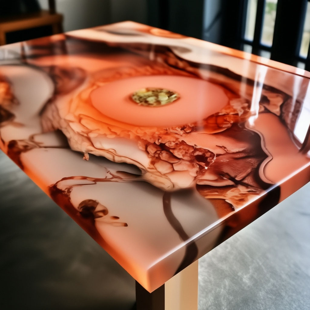 "Epoxy table, peach gem" — image created in Shedevrum