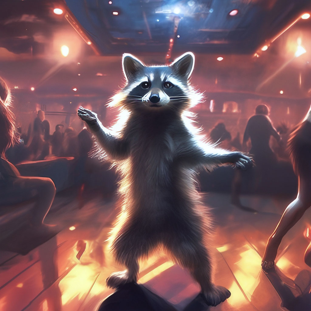 "Raccoon in a nightclub at a disco, dancing on the dance floor, disco ...