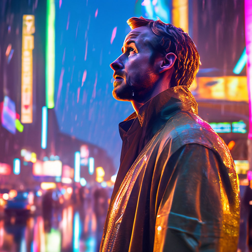 "The city of the future, rain, Ryan Gosling looks up at the sky on a ...