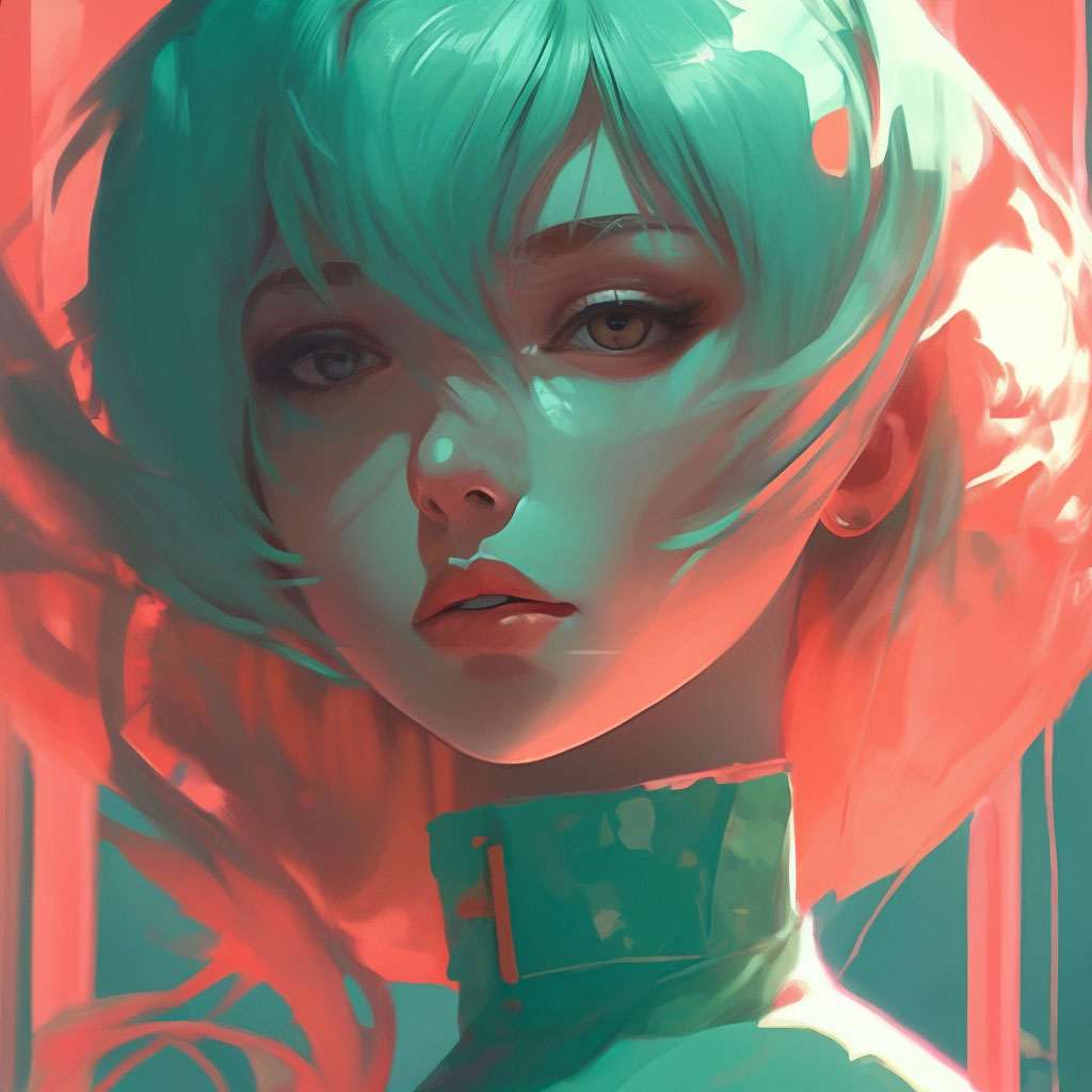 "Girl. pin up. mint. coral. cyberpunk. cold light on her face. 70s ...