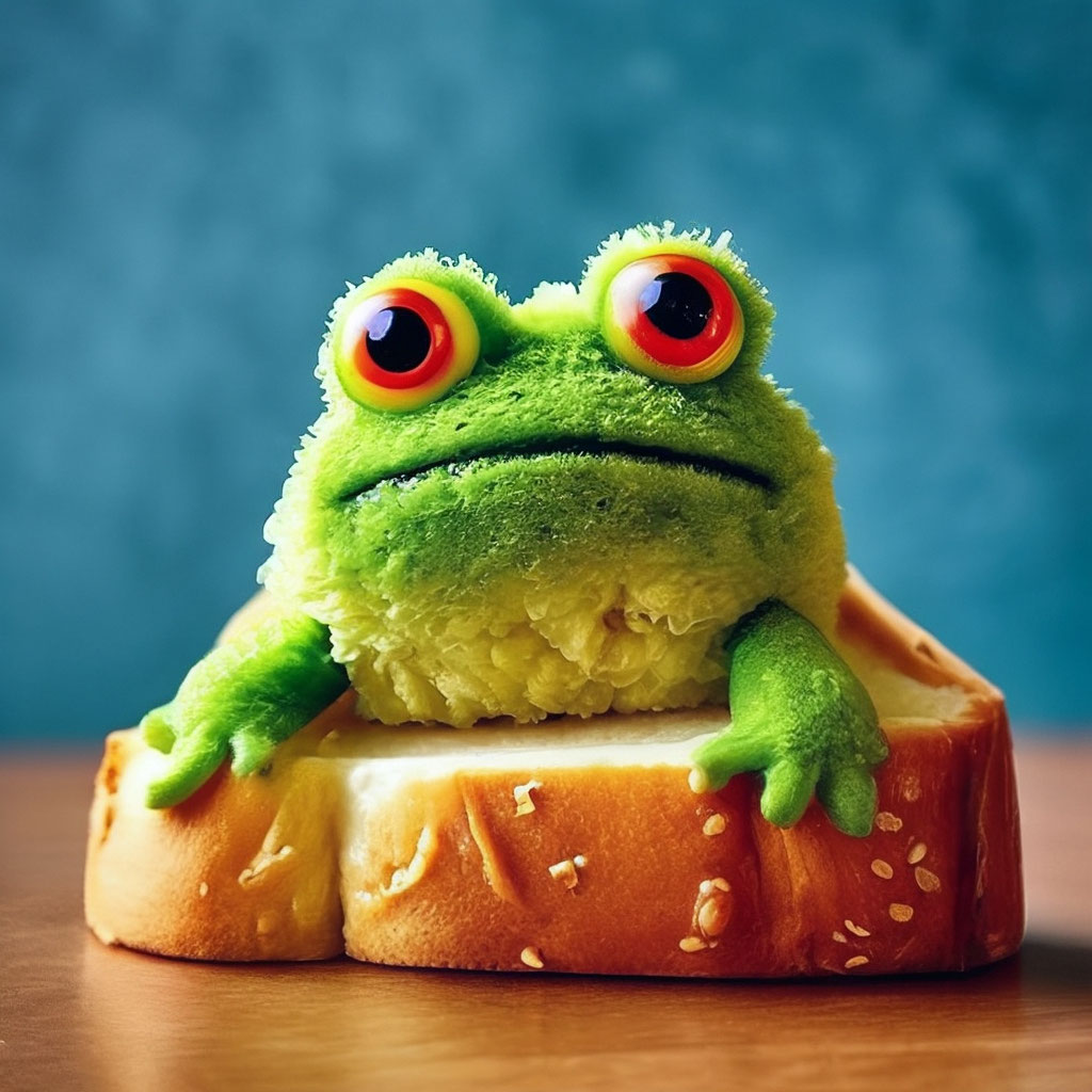 "Fluffy funny tiny Frog with bulging eyes in the form of bread ...