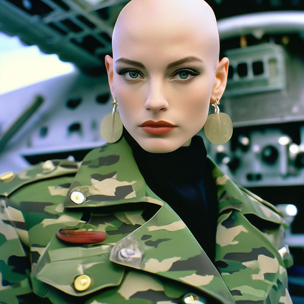 "1990 rave model, bald head, expressive eyes, fluffy eyelashes, stage ...