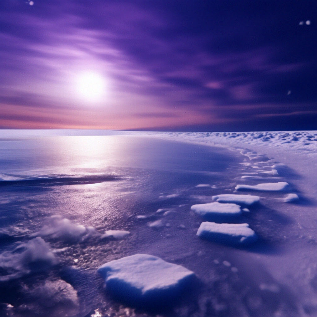 "Frozen purple moon trail in the ocean, frost, snow falling, 4k, high ...