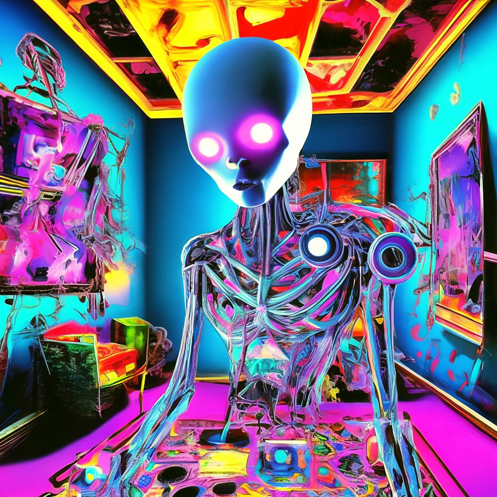 "3d mad collage,schizo tear of pale cyborg metamorphosis in room ...