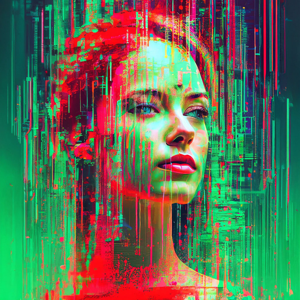 "Portrait of a woman in the style of glitch art, digital code, strong ...