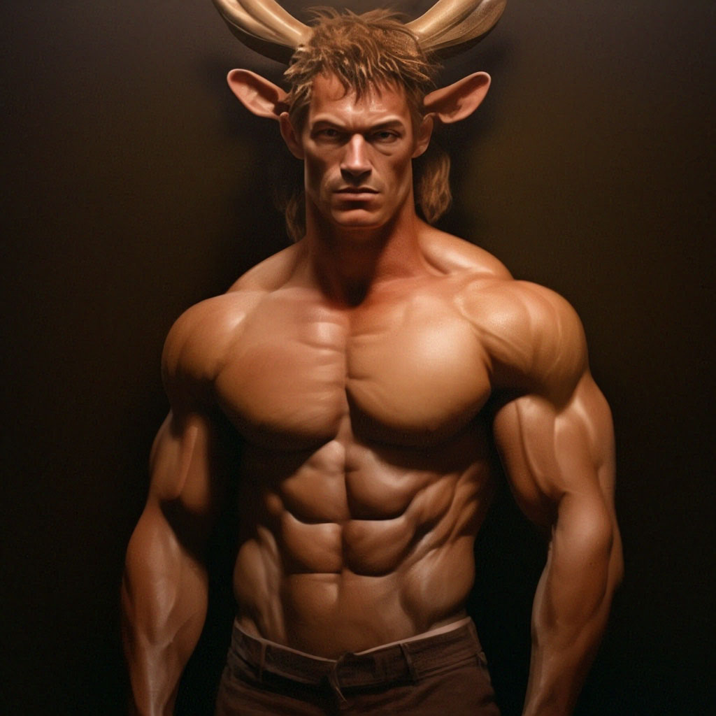 "Fawn man is a pumped-up man, full-length jock , hyperrealism, oil ...