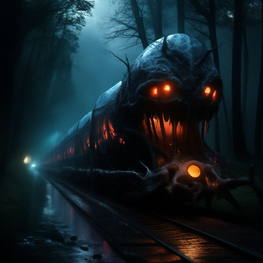 "Monster train, night creepy forest," — image created in Shedevrum