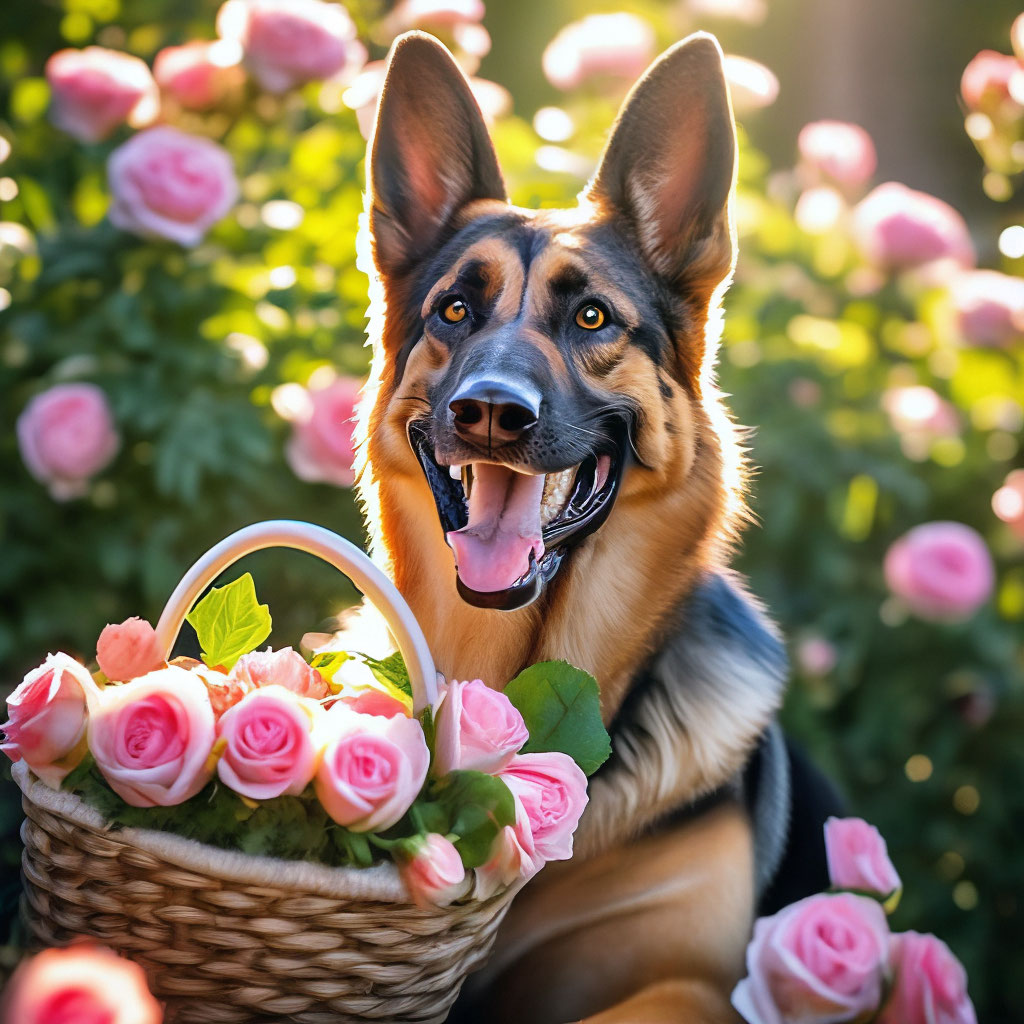 "The German Shepherd is smiling, sitting and holding a basket of lush ...