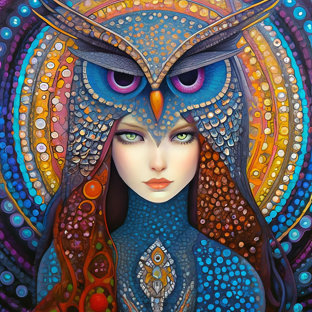 "Owl girl, elegant, colorful dot portrait, pointillism" — image created ...