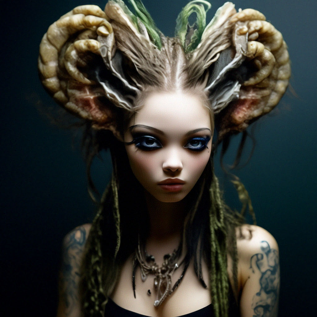 "Double exposure alien cyberpunk intricate hairstyle in the form of ...