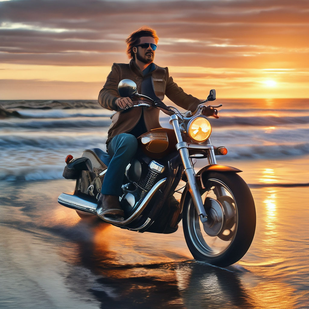 "Handsome man on a motorcycle, sea, dawn" — image created in Shedevrum