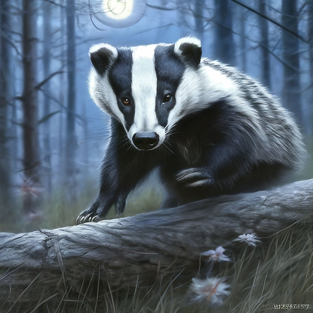 "Digital painting Night, forest. The badger is carrying a rabbit...The ...