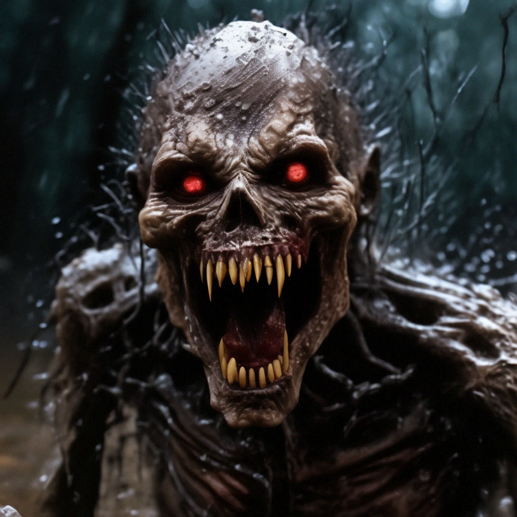"Evil grinning fanged hungry ghoul ghoul at night in the rain in the ...