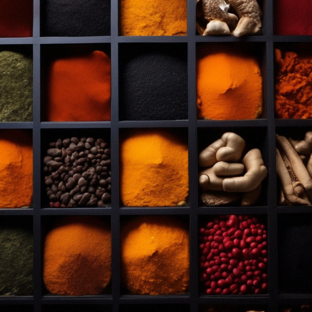 "Lots of spices in boxes, ginger turmeric pepper, dark background ...