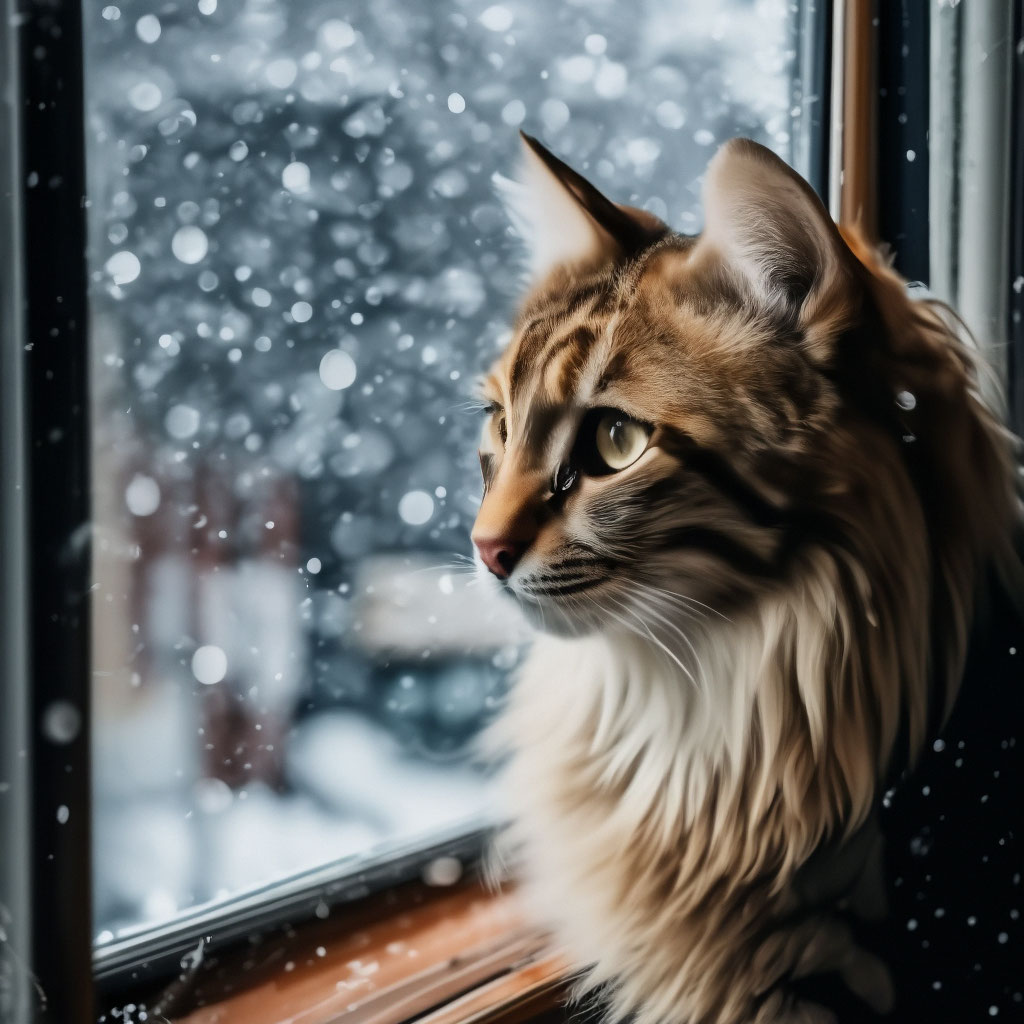 "It's snowing outside, the cat is looking out the window" — image ...