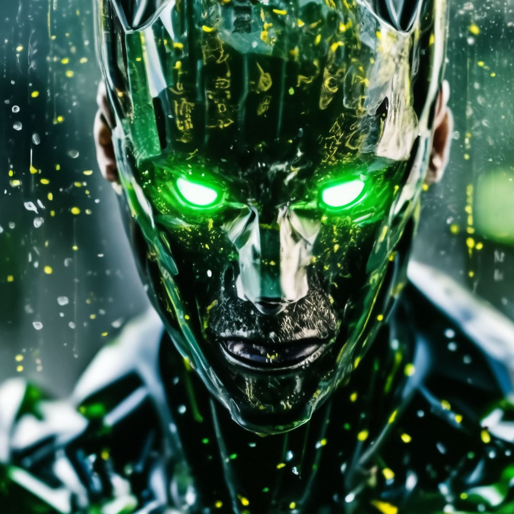 "Crystal evil cyborg with green eyes, in acid rain" — image created in ...