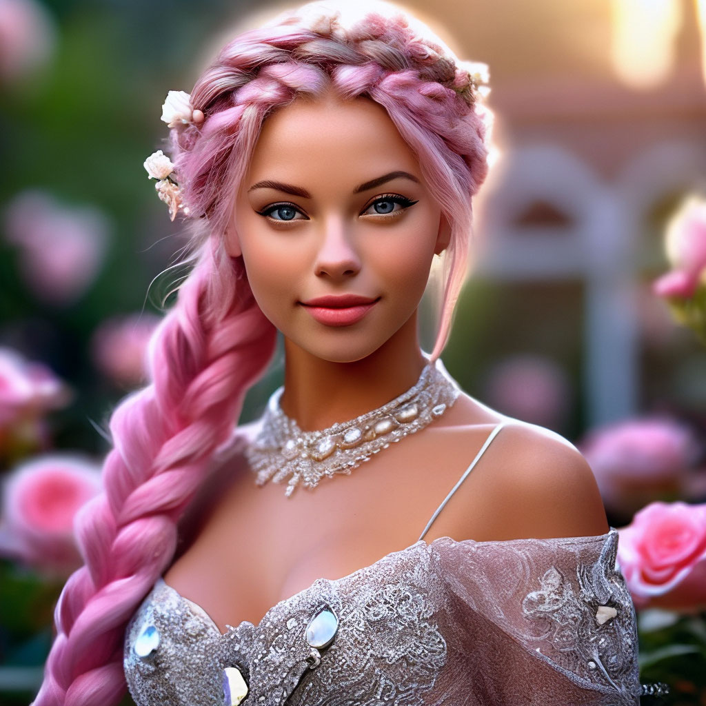 "Beautiful girl, chest-high photo, pink hair braided in a thick braid ...