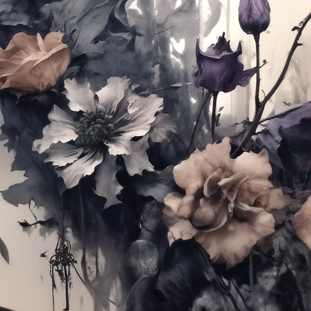 "Gothic, faded flowers, detailed drawing, watercolor, ink, paper, dot ...