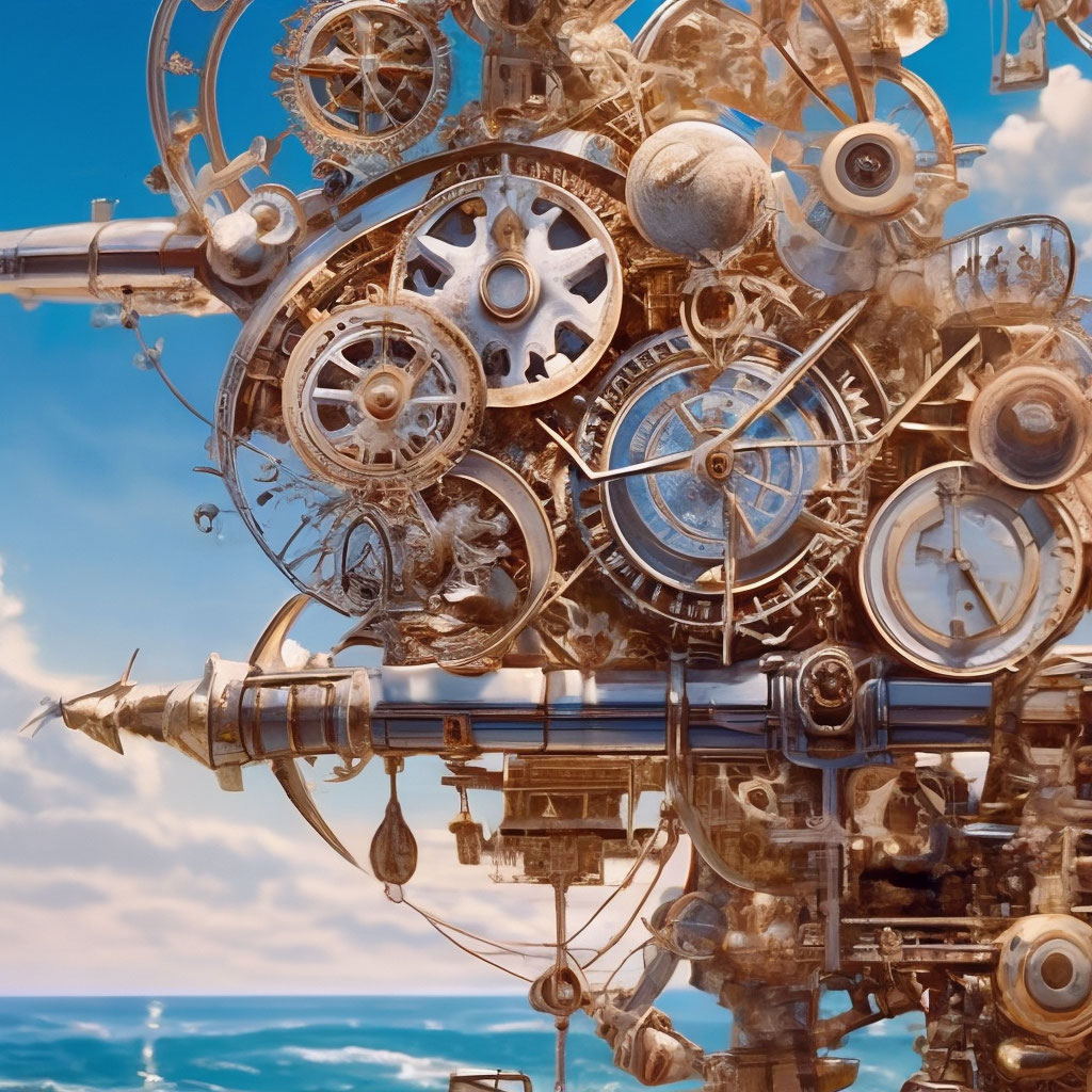 "Details of clockwork mechanisms frozen in the air in flight, against ...