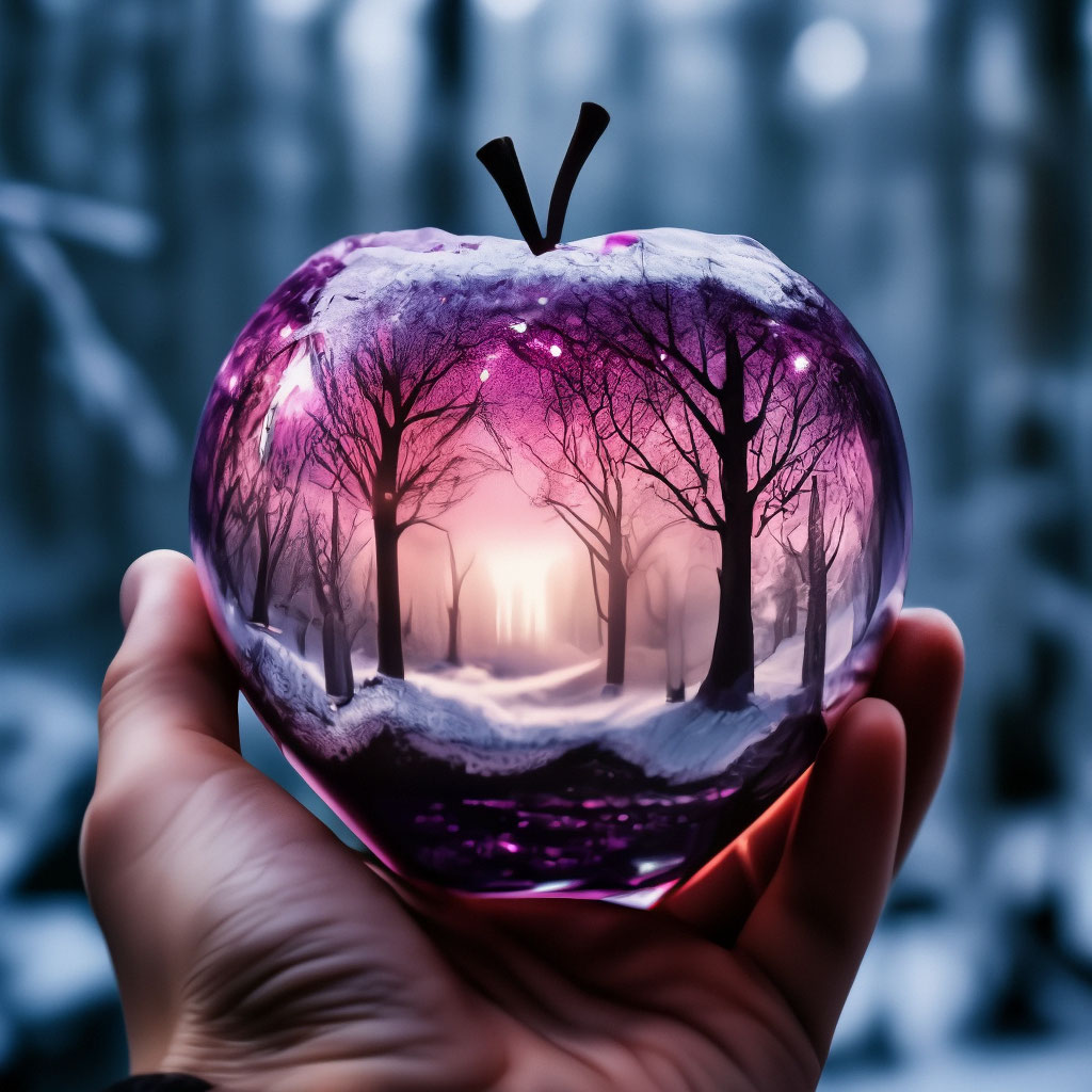 "An epic crystal apple with a very beautiful winter forest glowing ...
