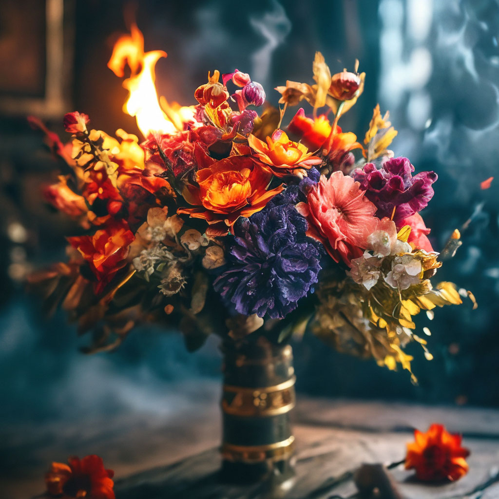 "Burning bouquet of flowers, aesthetically pleasing, beautiful, epic ...