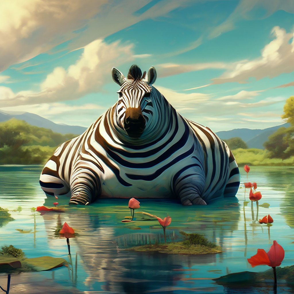 "A fat zebra giant sits in the middle of the lake" — image created in ...