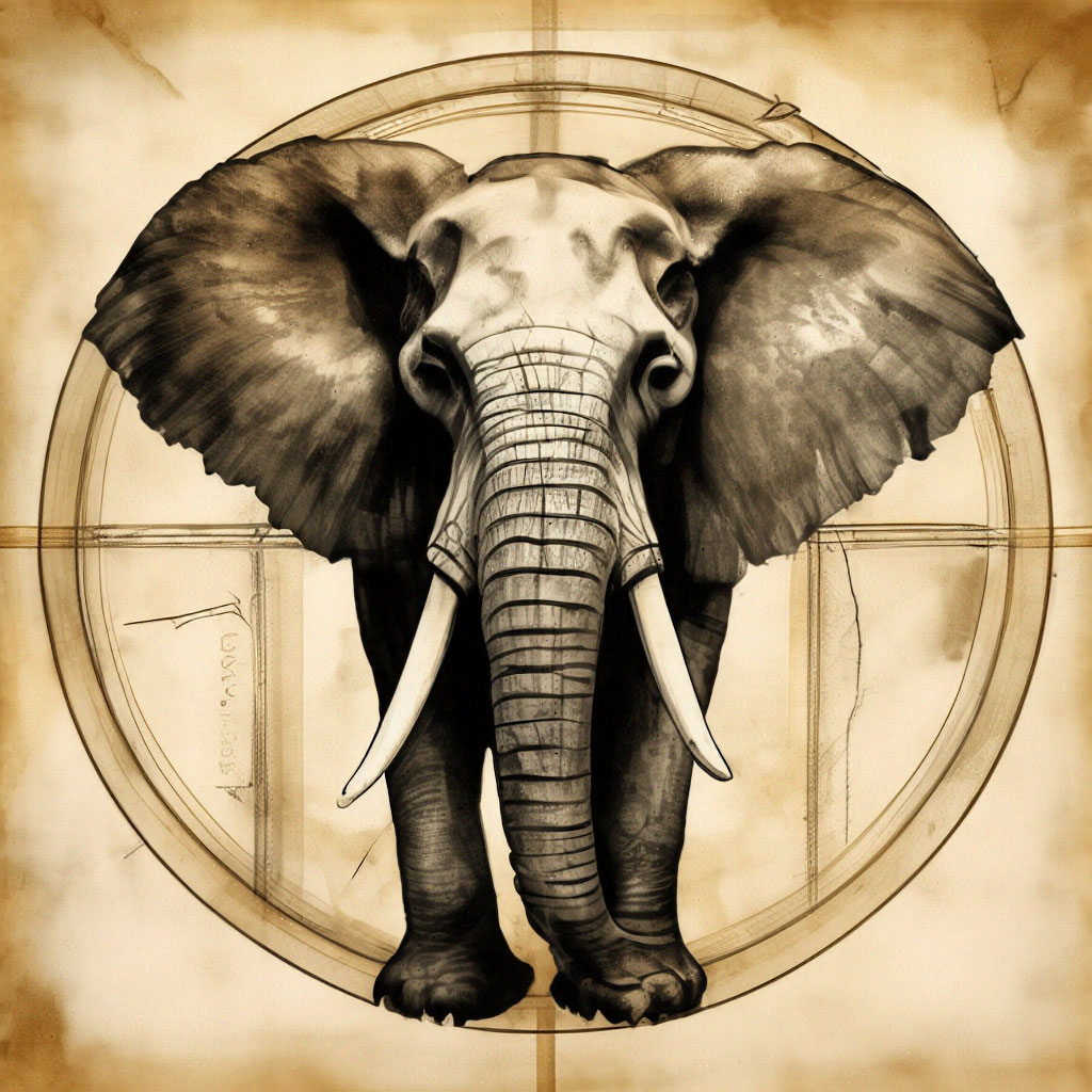 "In pale tones, an elephant in the image of a Vitruvian man inscribed ...