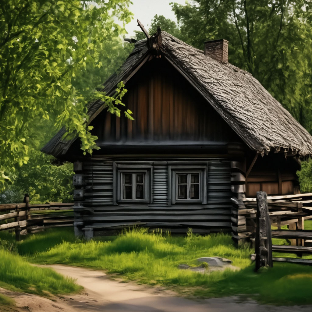 "Rustic hut, Russian village, lime tree grows nearby, realistic ...