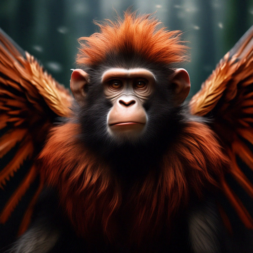 "A monkey with wings and feathers" — image created in Shedevrum