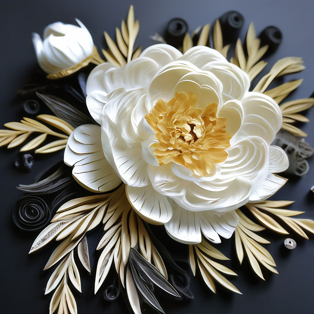 "Peony in quilling technique, high detail, filigree, black, white, gold ...