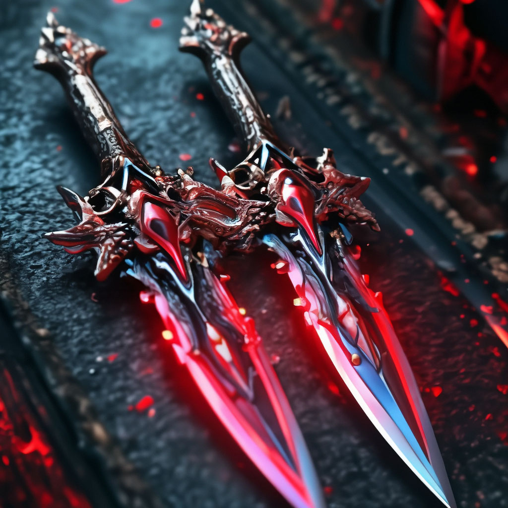 "A pair of steel daggers, magical aura, red glow, high detail, detailed ...