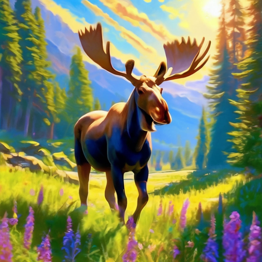 "Cheerful A moose is walking in a meadow and the sun is shining ...