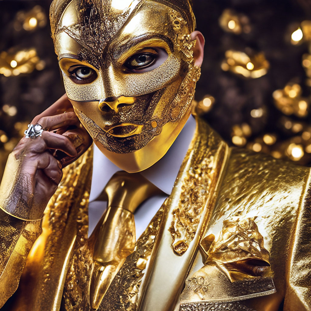 "Goldman, wearing a mask filled with gold and diamonds, in a rich gold ...