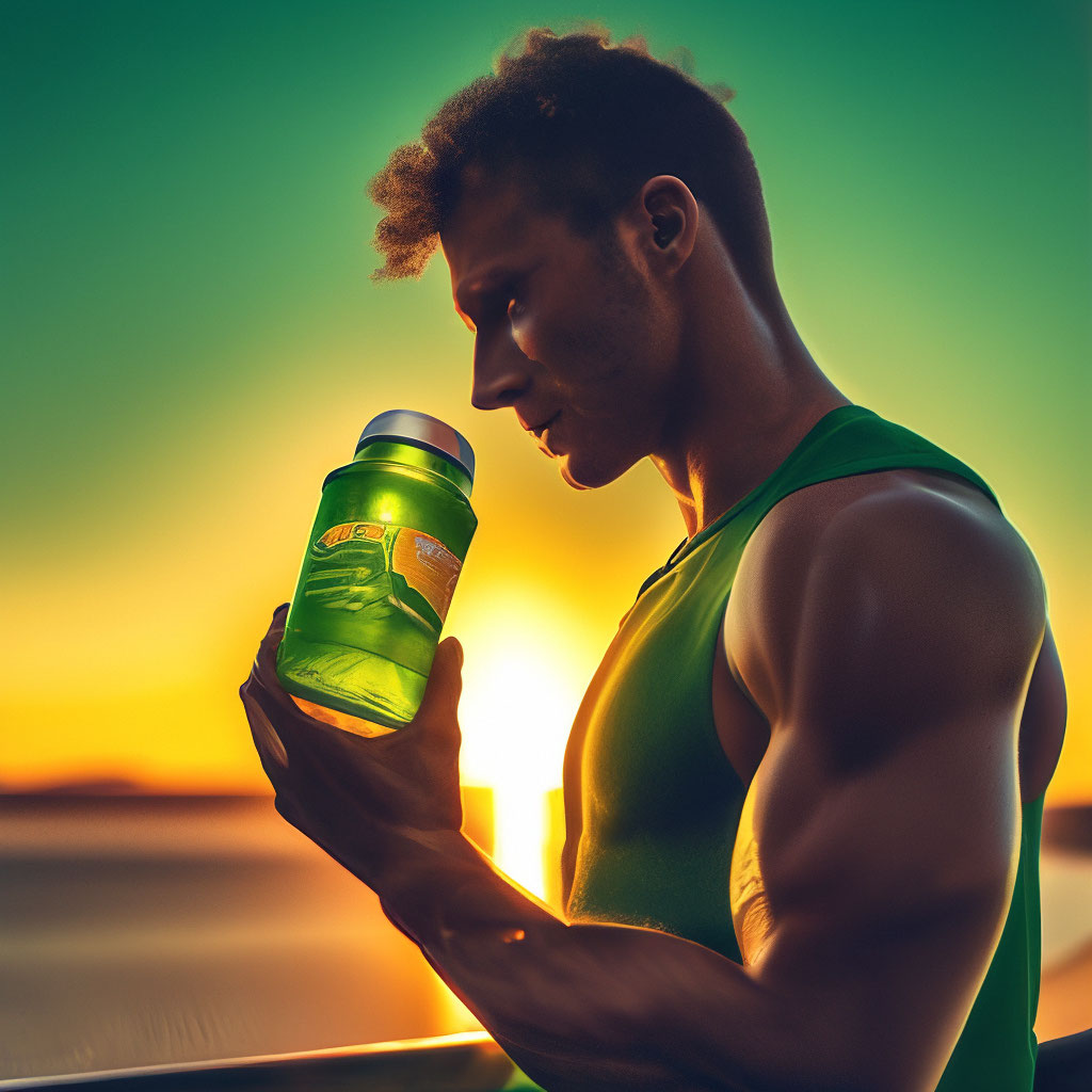 "Male athlete drinks energy drink from…" — image created in Shedevrum