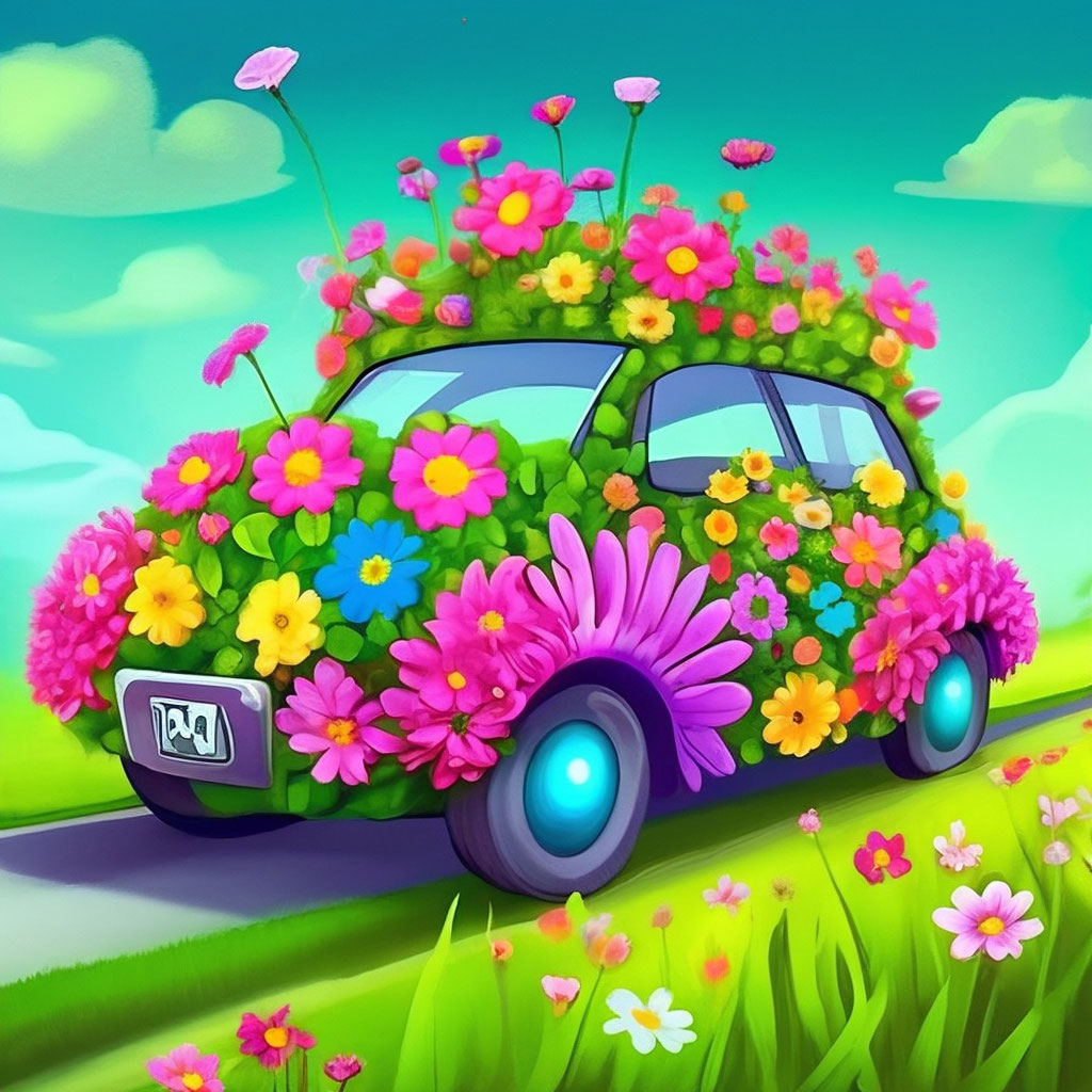 "Funny cartoon car made of flowers is …" — image created in Shedevrum