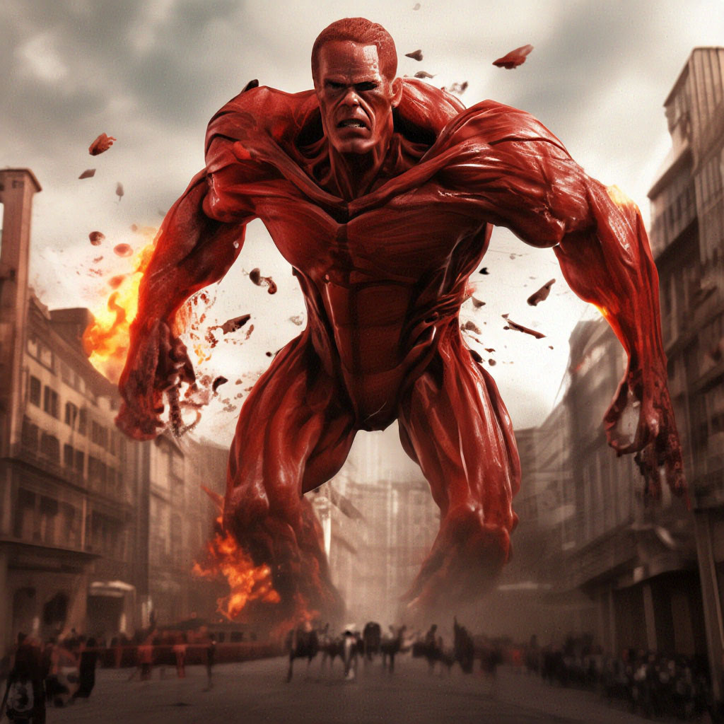 "Colossal titan kicks the wall …" — image created in Shedevrum