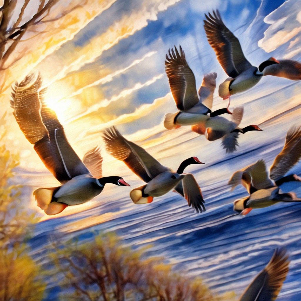 "Spring, geese fly in the sky in a …" — image created in Shedevrum