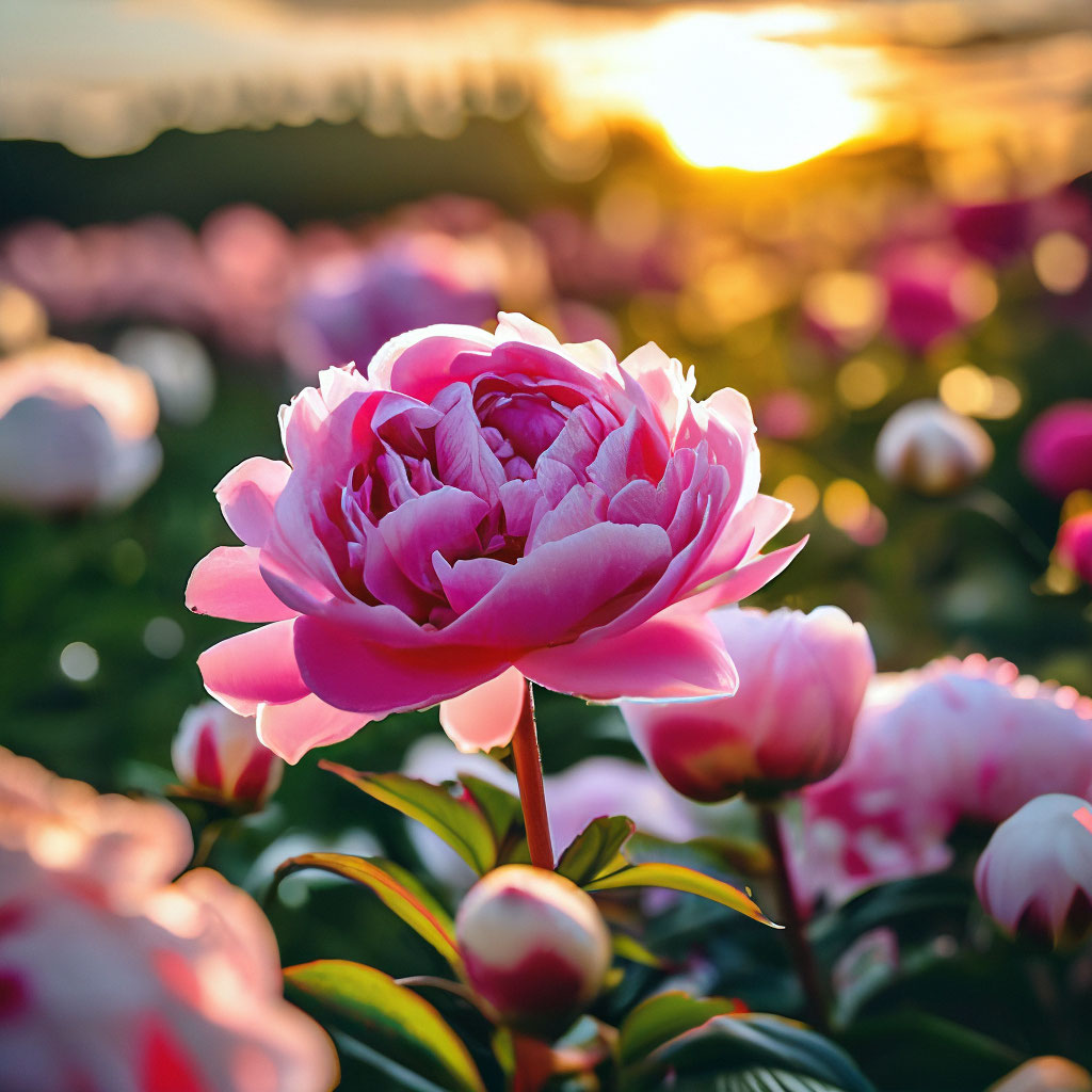 "Field of peonies, dahlias, roses, sunset, aesthetically pleasing ...