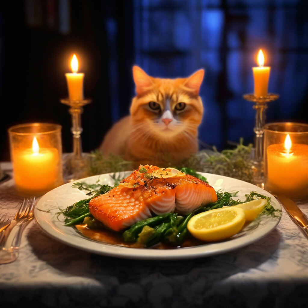 "Romantic dinner with a cute red cat, baked salmon on a plate, candles ...