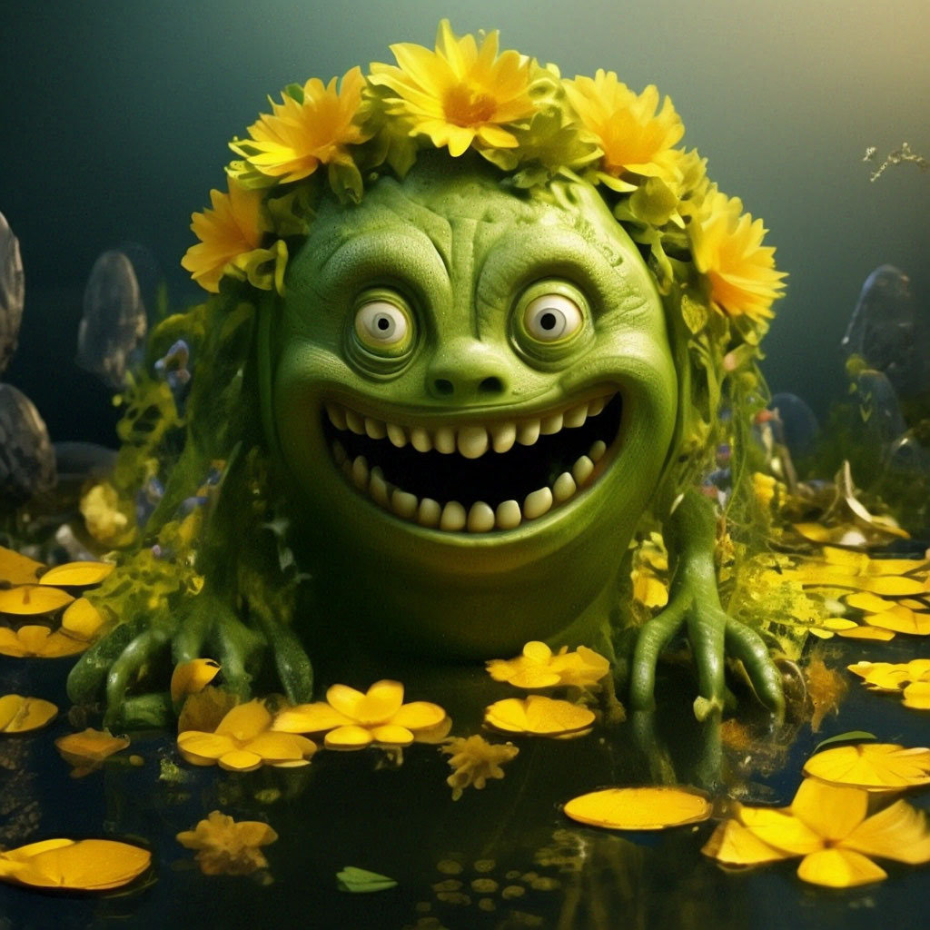 "Stone-eating green smiling monster decorated with flowers surrealism ...