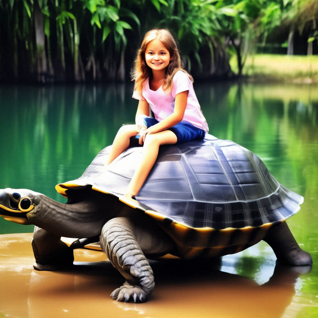 "Ride me on your back, big turtle" — image created in Shedevrum